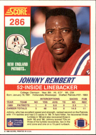 Johnny Rembert 1990 Score #286 Football Card – DJS Pokemon Cards