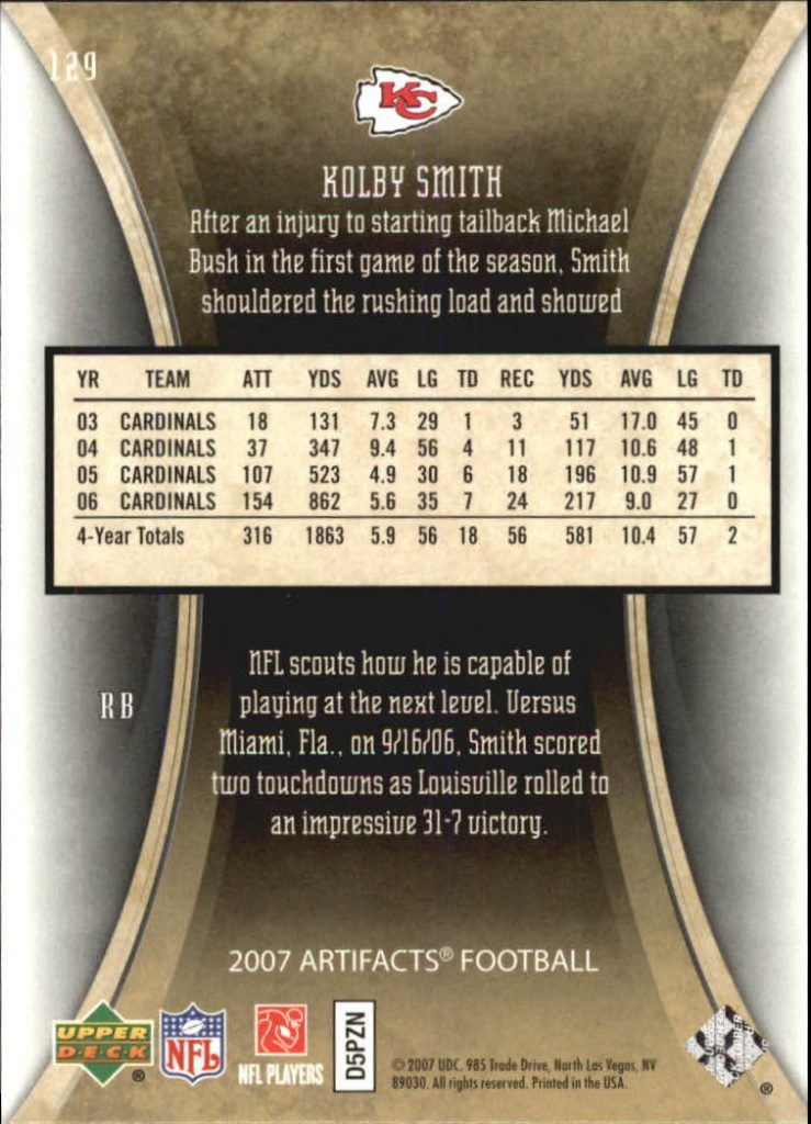 Kolby Smith 2007 Artifacts Rookie #129 Football Card – DJS Pokemon Cards